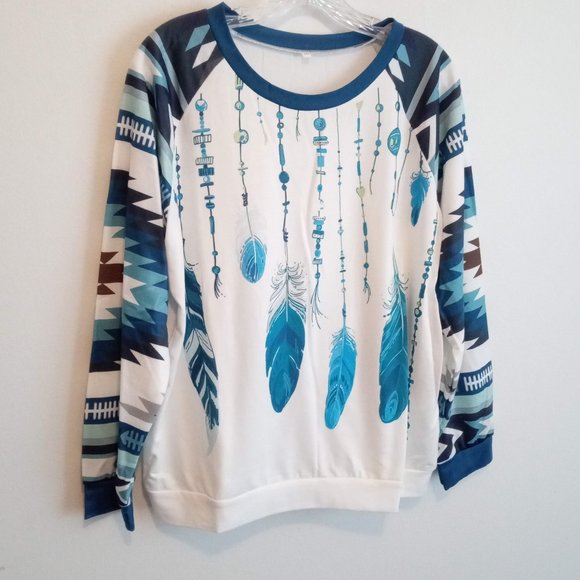 Tops | Womens Blue Feather Geometric Casual Print Long Sleeve Tshirt ...